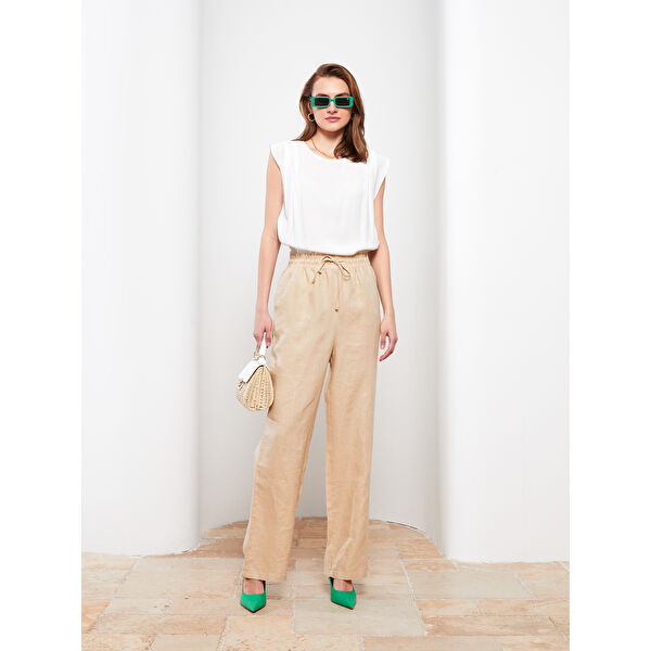 LCW CLASSIC Beli Lastikli Rahat Kalıp Düz Cep Detaylı Keten Kadın Pantolon