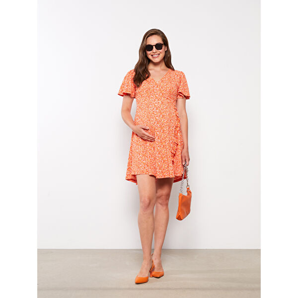 Kruvaze Yaka Desenli Kısa Kollu Krinkle Hamile Elbise