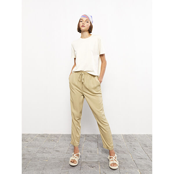 Beli Lastikli Rahat Kalıp Düz Viskon Kadın Pantolon