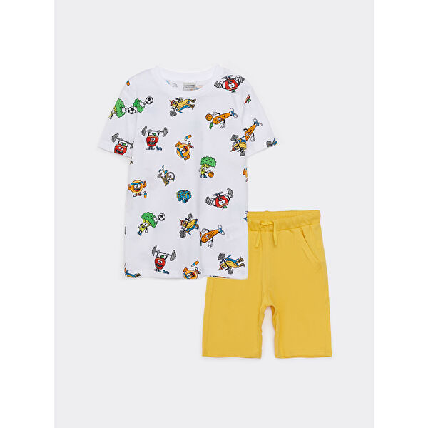 Bisiklet Yaka Baskılı Kısa Kollu Erkek Çocuk Tişört ve Bermuda