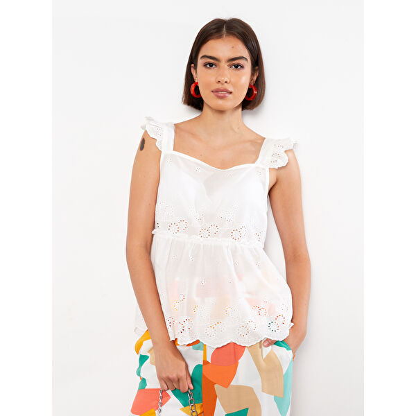 Kare Yaka Nakışlı Kolsuz Poplin Kadın Bluz