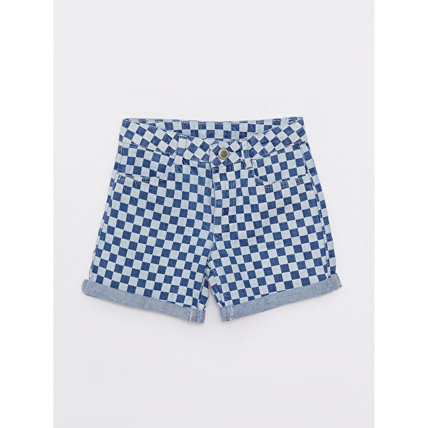 Ekose Desenli Kız Çocuk Jean Şort