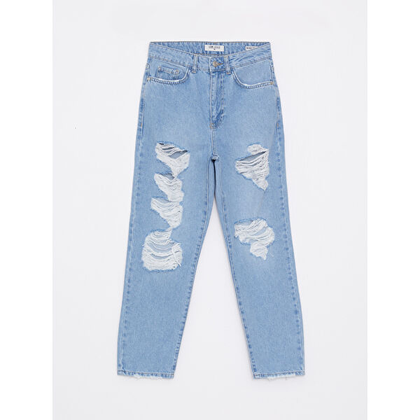 Yüksek Bel Standart Fit Yırtık Detaylı Kadın Jean Pantolon