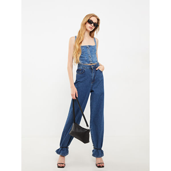 Kare Yaka Düz Kolsuz Crop Kadın Jean Bluz Kare Yaka Düz Kolsuz Crop Kadın Jean Bluz