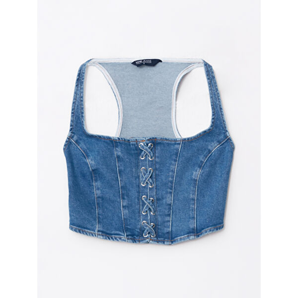 Kare Yaka Düz Kolsuz Crop Kadın Jean Bluz