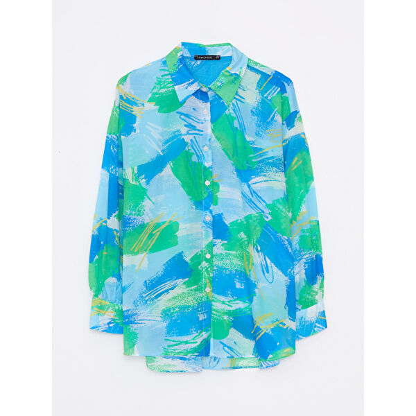 LCW CASUAL Gömlek Yaka Desenli Uzun Kollu Poplin Kadın Tunik