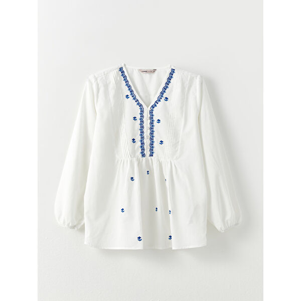 V Yaka Nakışlı Uzun Kollu Pamuklu Kadın Bluz