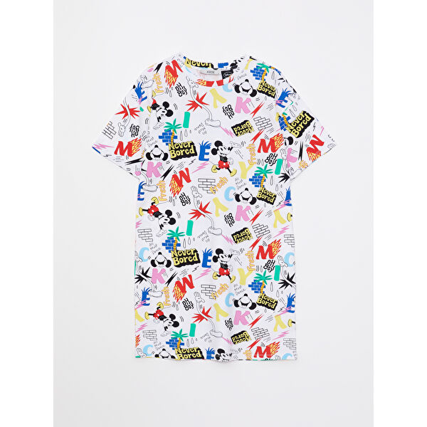XSIDE Bisiklet Yaka Mickey Mouse Baskılı Kısa Kollu Pamuklu Kadın Elbise