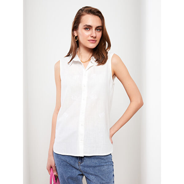 LCW CLASSIC Önden Düğme Kapamalı Nakışlı Kolsuz Pamuklu Kadın Gömlek