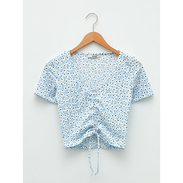 XSIDE V Yaka Büzgü Detaylı Uzun Kollu Crop Kadın Bluz