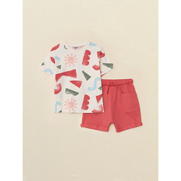 Bisiklet Yaka Kısa Kollu Organik Pamuklu Erkek Bebek Tişört ve Şort 2'li Takım