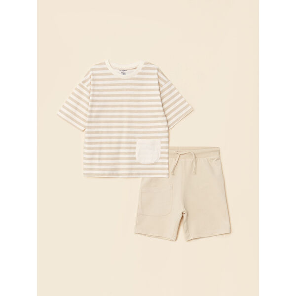 Bisiklet Yaka Kısa Kollu Çizgili Organik Pamuklu Erkek Bebek Tişört  ve Şort 2'li Takım