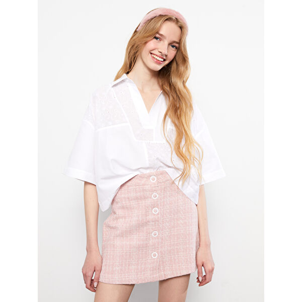 Polo Yaka Desenli Kısa Kollu Crop Kadın Bluz Polo Yaka Desenli Kısa Kollu Crop Kadın Bluz