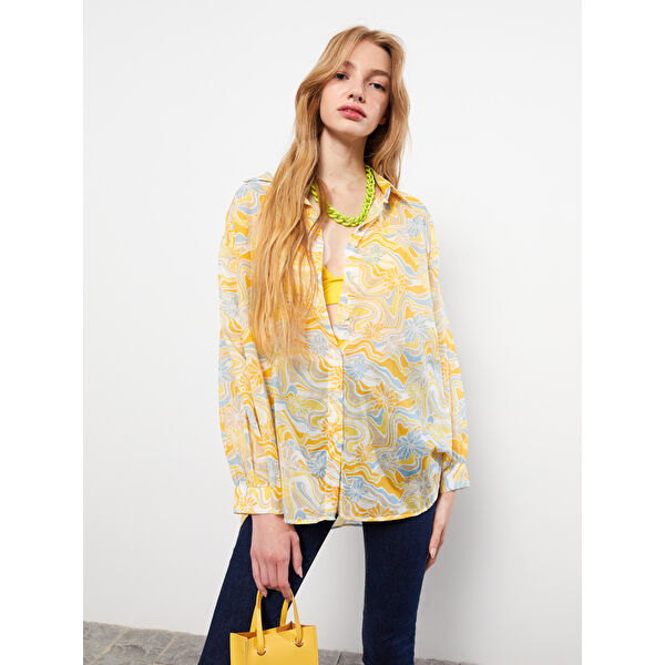 LCW CASUAL Önden Düğme Kapamalı Desenli Uzun Kollu Poplin Kadın Gömlek