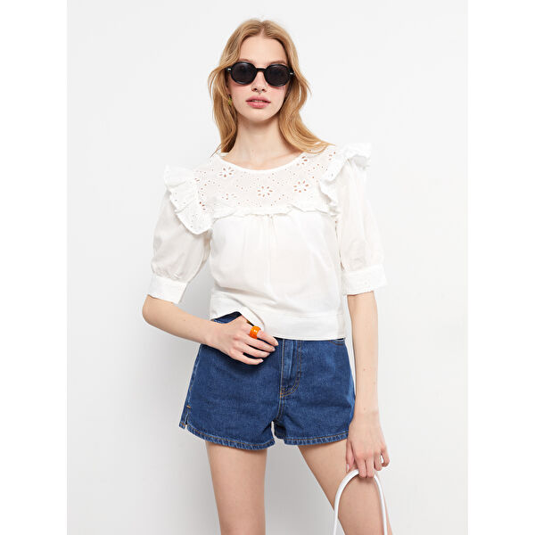 LCW CASUAL Bisiklet Yaka Nakışlı Poplin Kadın Bluz