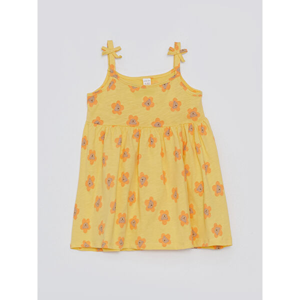 Bisiklet Yaka Askılı Baskılı Pamuklu Kız Bebek Elbise