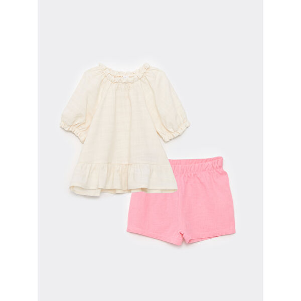 Bisiklet Yaka Kısa Kollu Basic Kız Bebek Bluz ve Şort 2'li Takım