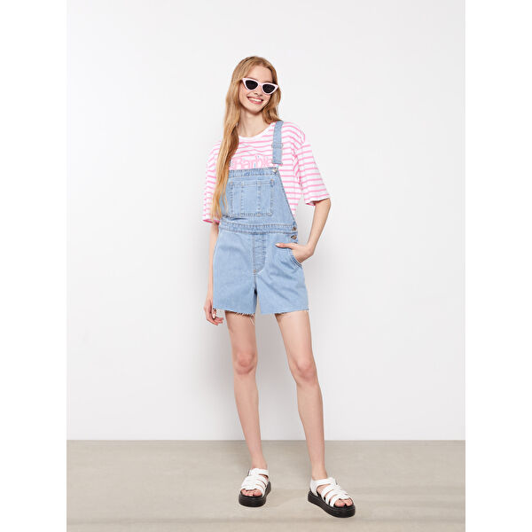 Kare Yaka Düz Cep Detaylı Kadın Jean Salopet