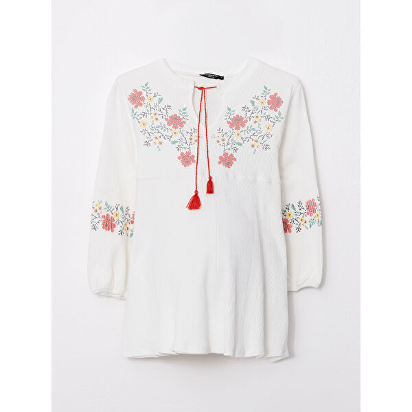 Bağlama Yaka Nakışlı Uzun Kollu Hamile Bluz