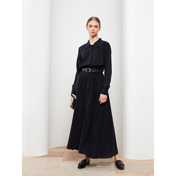 MODEST Gömlek Yaka Uzun Kollu Beli Lastikli  Kadın Elbise