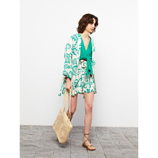 LCW CASUAL Şal Yaka Desenli Uzun Kollu Keten Kadın Kimono