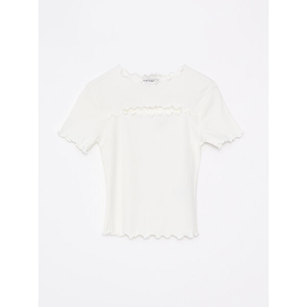 LCW CASUAL Bisiklet Yaka Düz Pencere Detaylı Kısa Kollu Pamuklu Kadın Tişört