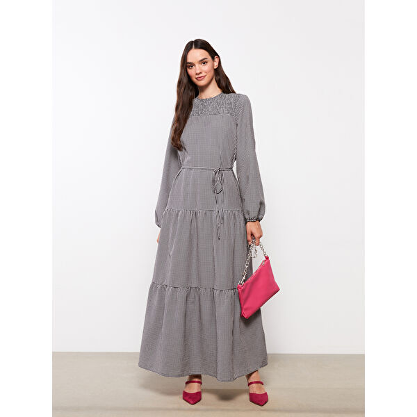 MODEST Bisiklet Yaka Ekose Uzun Kollu Poplin Kadın Elbise