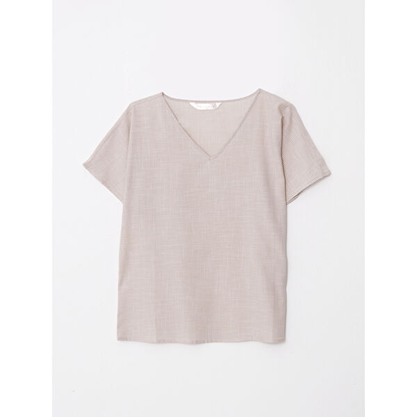 LCW DREAM V Yaka Çizgili Kısa Kollu Pamuklu Kadın Pijama Üst