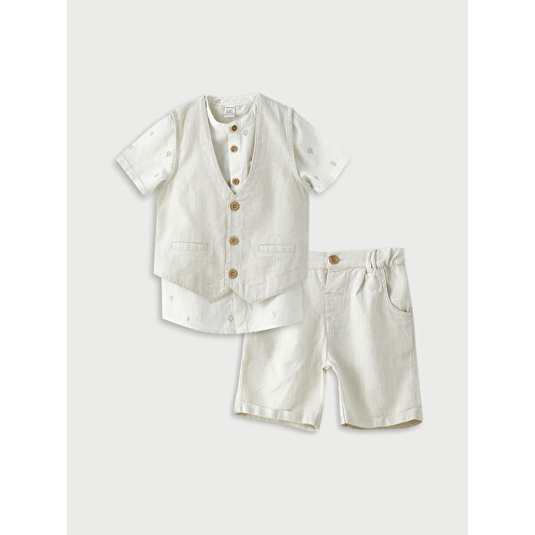 Hakim Yaka Kısa Kollu Baskılı Erkek Bebek Gömlek Yelek ve Şort 3'lü Takım