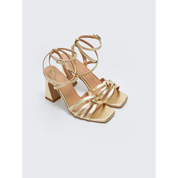 Deri Görünümlü Çapraz Bantlı Kadın Topuklu Ayakkabı