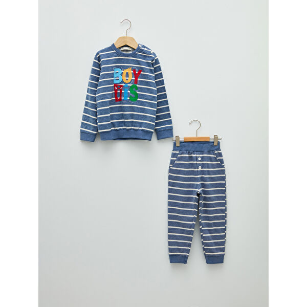 Bisiklet Yaka Uzun Kollu Çizgili Pamuklu Erkek Bebek 2'li Takım