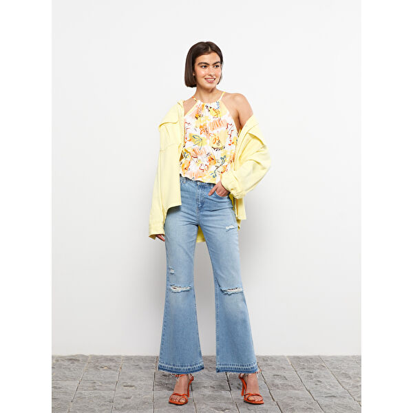 LCW CASUAL Halter Yaka Desenli Kolsuz Viskon Kadın Bluz