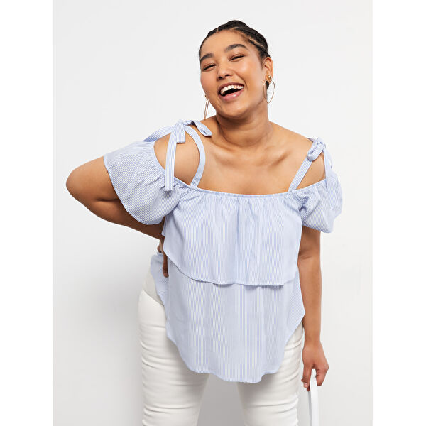 Büyük Beden Kayık Yaka Çizgili Kısa Kollu Viskon Kadın Bluz Büyük Beden Kayık Yaka Çizgili Kısa Kollu Viskon Kadın Bluz