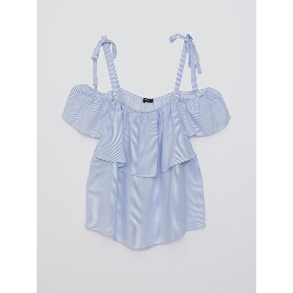 Büyük Beden Kayık Yaka Çizgili Kısa Kollu Viskon Kadın Bluz