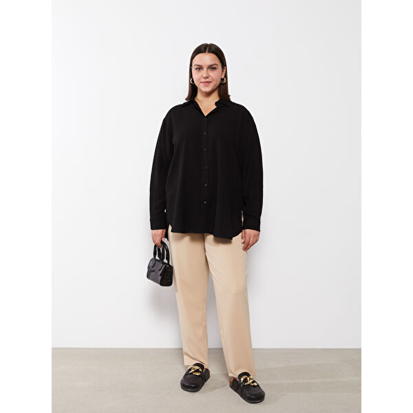 Büyük Beden Gömlek Yaka Düz Uzun Kollu Kadın Tunik