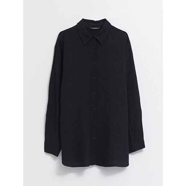 Büyük Beden Gömlek Yaka Düz Uzun Kollu Kadın Tunik