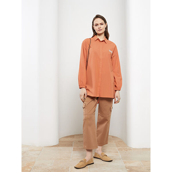 MODEST Gömlek Yaka Nakışlı Uzun Kollu Oversize Vual Kadın Tunik