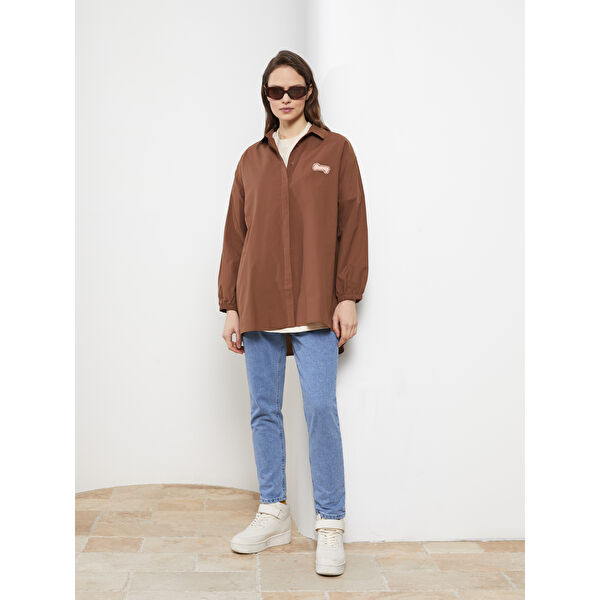 MODEST Gömlek Yaka Nakışlı Uzun Kollu Oversize Vual Kadın Tunik