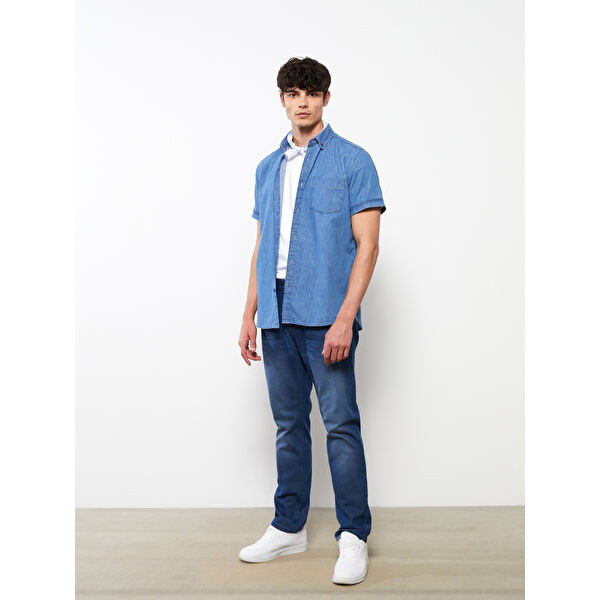 Rahat Kalıp Kısa Kollu Erkek Jean Gömlek Rahat Kalıp Kısa Kollu Erkek Jean Gömlek