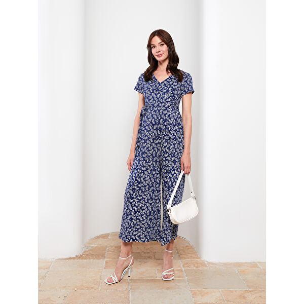 Kruvaze Yaka Desenli Kısa Kollu Hamile Tulum