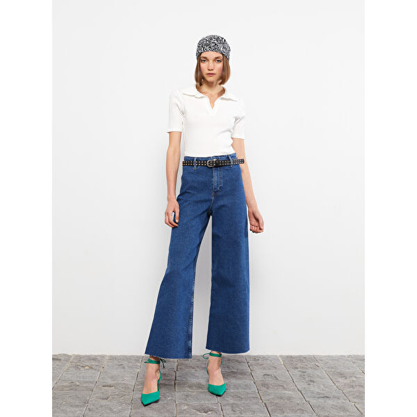 Yüksek Bel Skinny Fit Düz Geniş Paça Kadın Rodeo Jean Pantolon