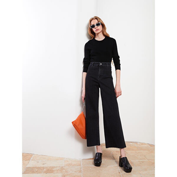 Yüksek Bel Skinny Fit Düz Geniş Paça Kadın Rodeo Jean Pantolon