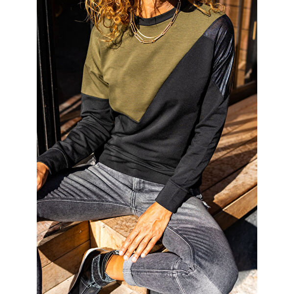 Güneşkızı Bisiklet Yaka Renk Bloklu Uzun Kollu Pamuklu Kadın Sweatshirt