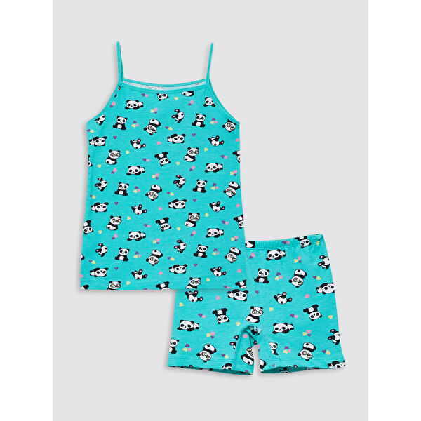 Kare Yaka Baskılı Askılı Pamuklu Kız Çocuk Atlet ve Boxer