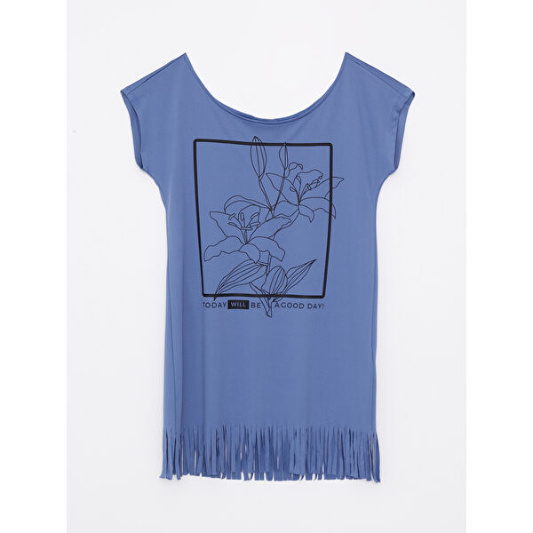 Bisiklet Yaka Baskılı Kısa Kollu Kadın Yüzme Giyim Üst