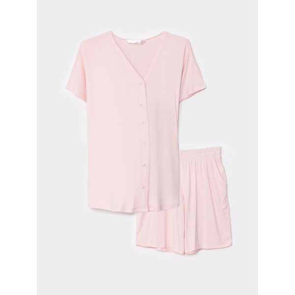 V Yaka Düz Kısa Kollu Hamile Pijama Takımı