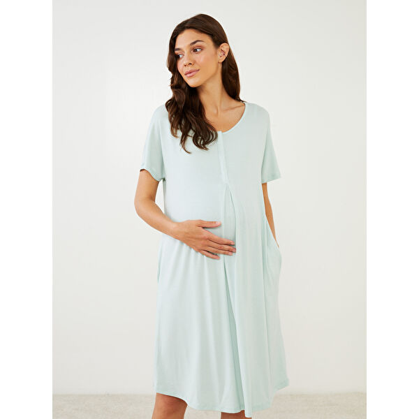 Bisiklet Yaka Düz Kısa Kollu Hamile Gecelik
