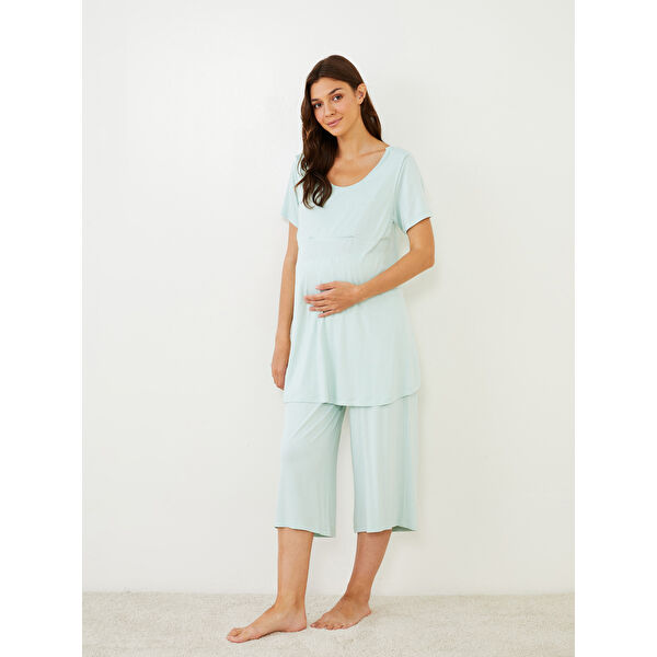 U Yaka Düz Kısa Kollu Emzirme Özellikli Hamile Pijama Takım