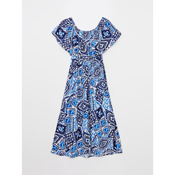 Kayık Yaka Desenli Kısa Kollu Krinkle Kumaş Kadın Elbise Kayık Yaka Desenli Kısa Kollu Krinkle Kumaş Kadın Elbise