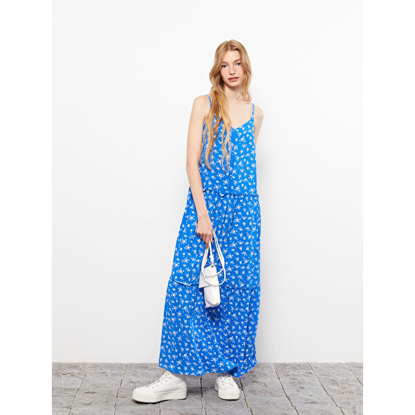 LCW CASUAL Kalp Yaka Çiçekli Askılı Krinkle Kadın Elbise